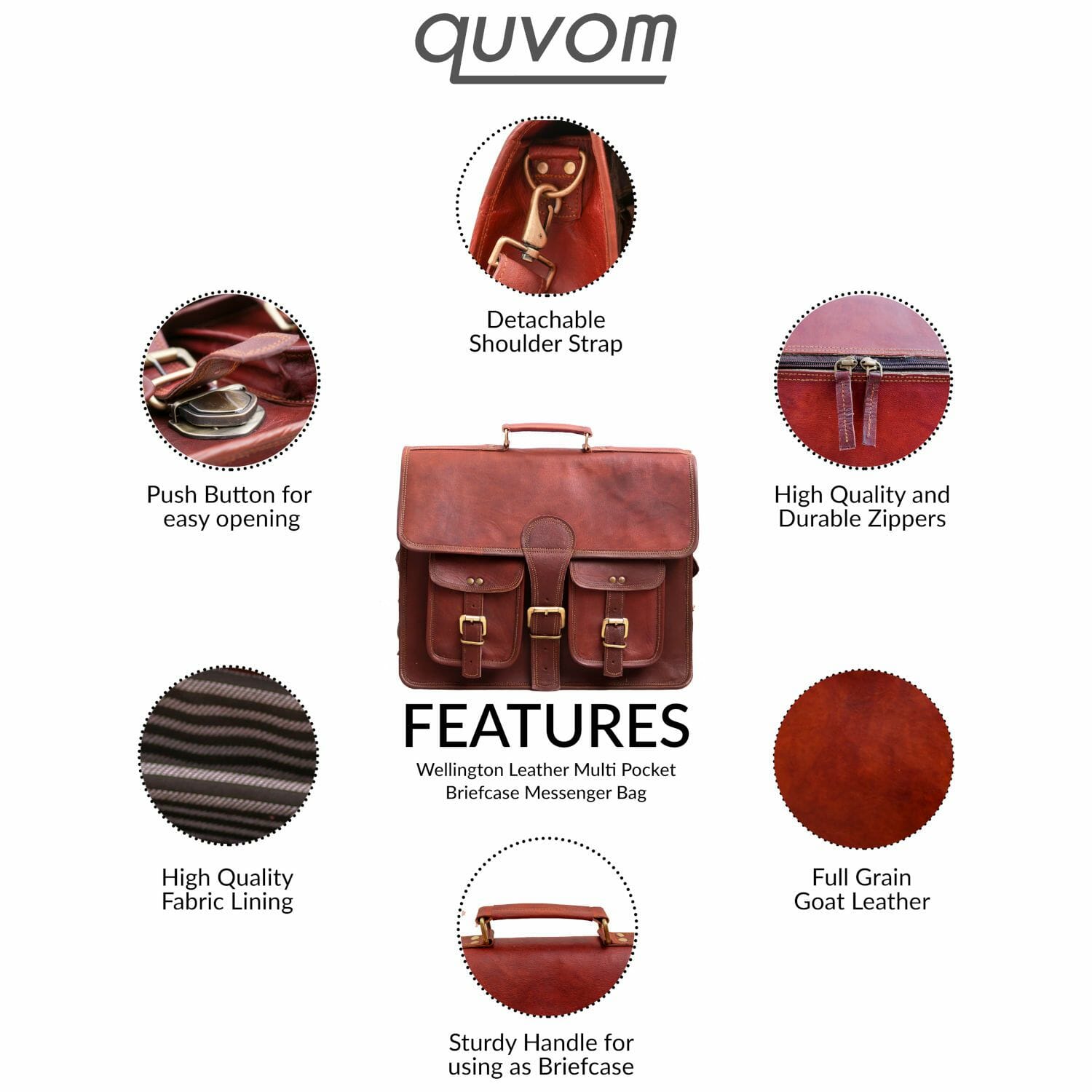 Wellington Leather Multi Pocket Briefcase Messenger Bag